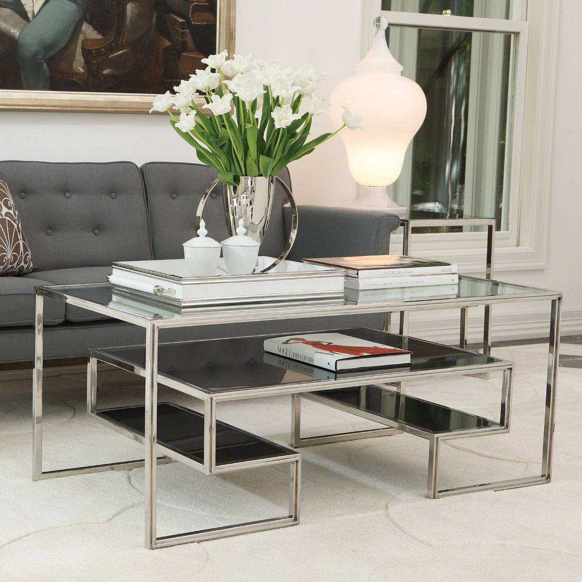 One Up Cocktail Table Stainless Steel With Granite Shelves Global Views ...